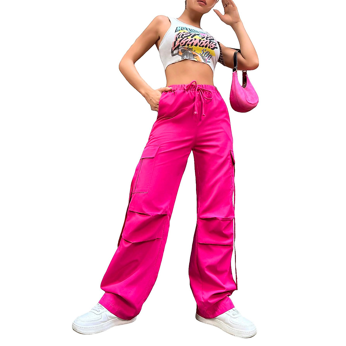 GORGLITTER Women's Drawstring Cargo Pants Flap Pocket High Elastic Waisted Baggy Pants Trousers Hot Pink Medium