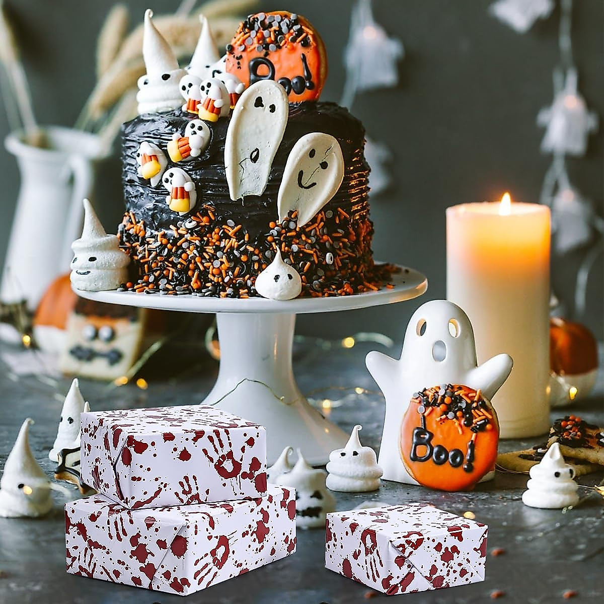 Bolsome 12 Sheets Halloween Bloody Wrapping Paper Bloody Handprint Horror Pattern Gift Wrapping Paper for Halloween Party Horror Party Favor DIY Craft, 19.7 × 27.6 Inch