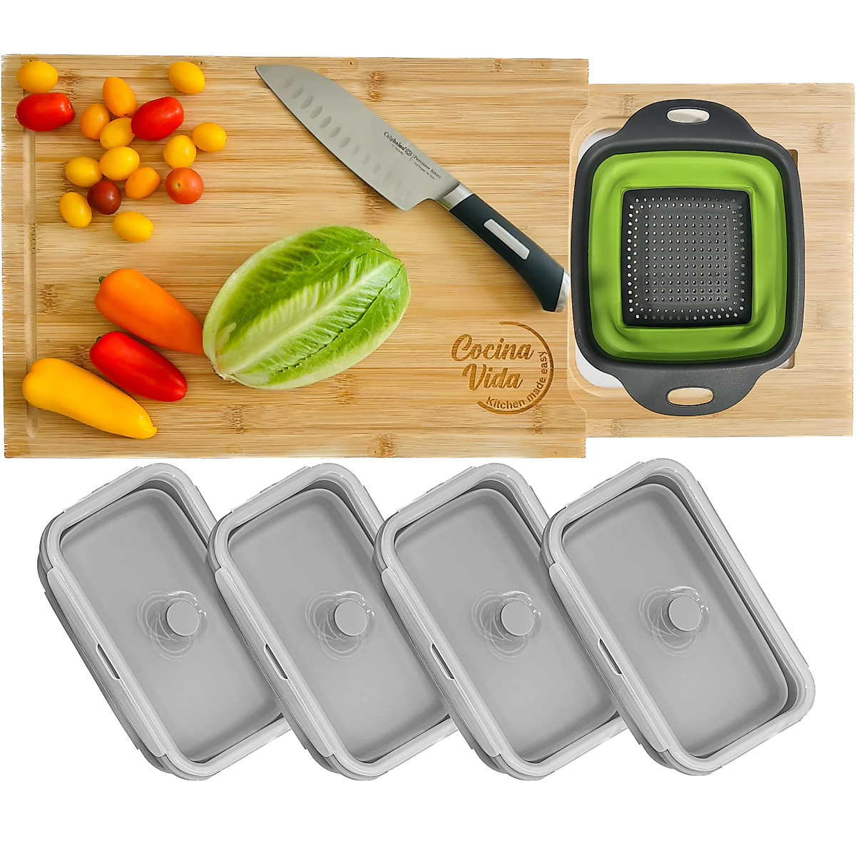 Cocina Vida Bamboo Cutting Board with 4 Collapsible Containers and Strainer - All-in-One Over the Sink or Counter Slide-out Bamboo Cutting Board - Kitchen Must Have