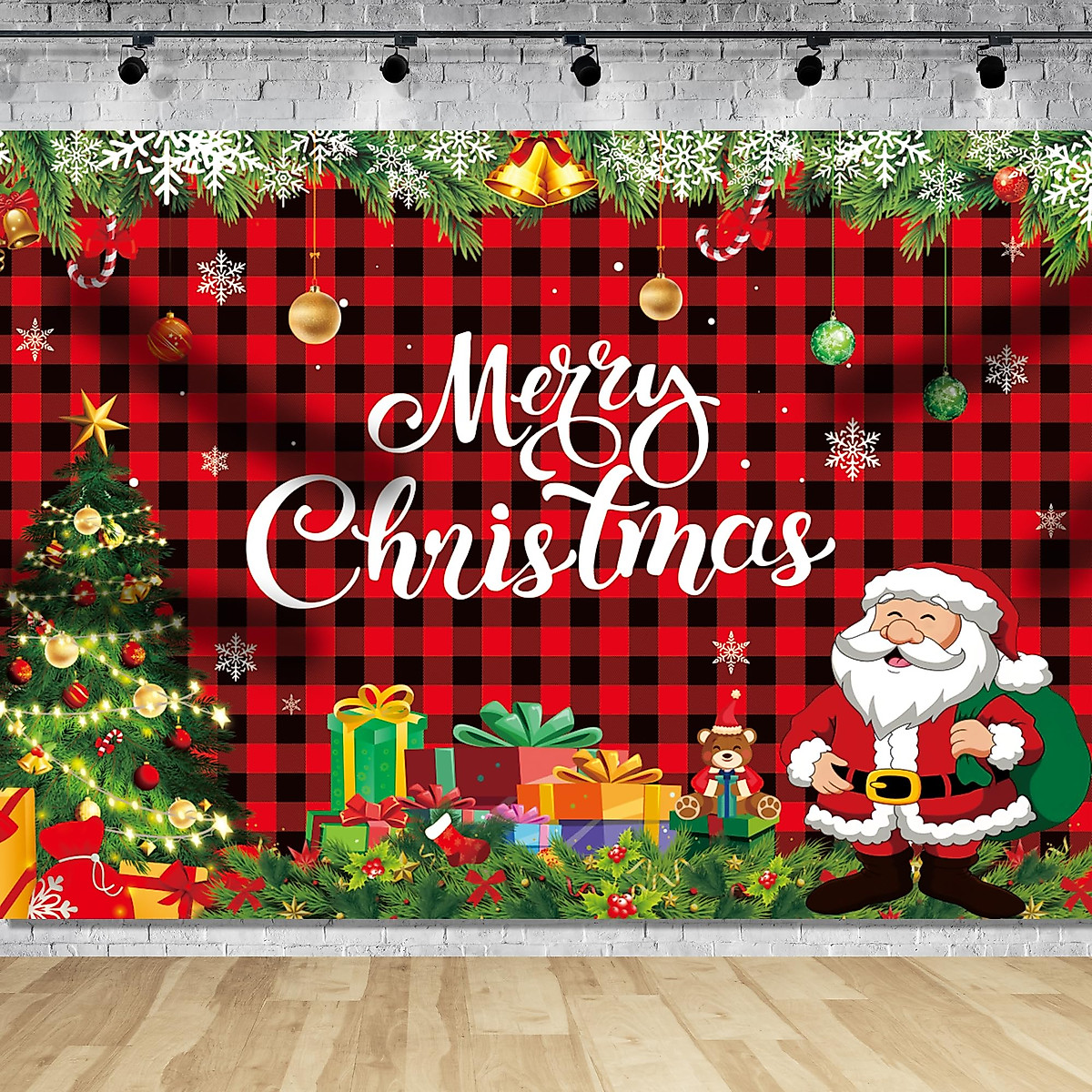 7x5ft Christmas Banner Christmas Tree Santa Claus Snowflake Christmas Backdrop Home Outside Office Decorations Red and Black Plaid Xmas Winter Hanging Wall Party Banner for Photoshoot