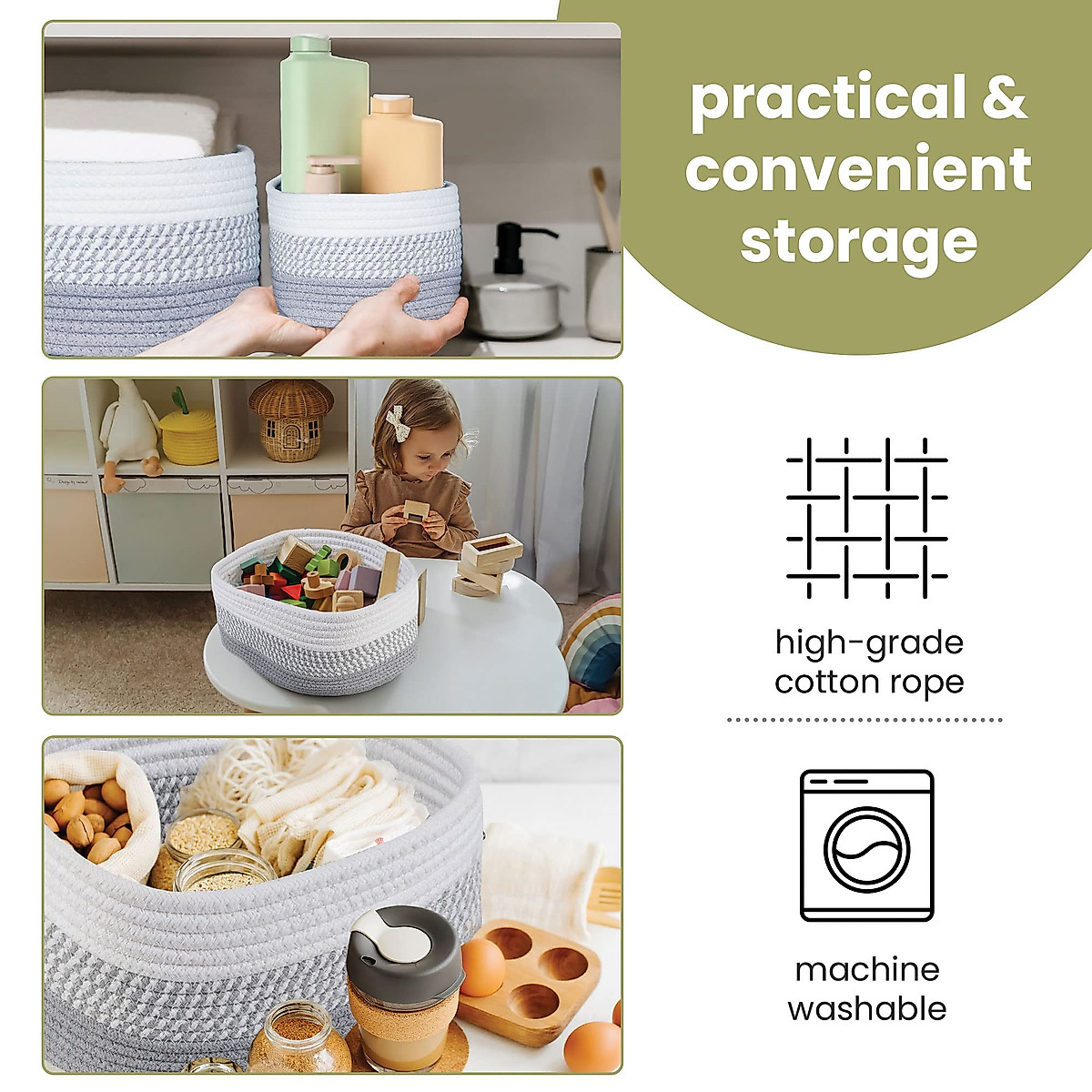 Home-Complete 3-Piece Set Small, Medium, and Large Rope Baskets for Makeup, Towel, Nursery, Office, and Classroom Storage, White and Gray