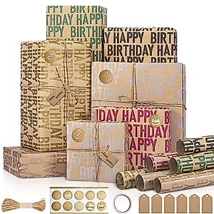 Larcenciel Kraft Gift Wrapping Paper Set -Happy Birthday Pattern Design Great for Birthday, Party,DIY Decorations, Baby Shower Wrap,Father's Day- 6 Sheets-27.17 X 20.08 inches