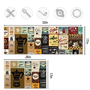 PRUKIVRA Kitchen Rugs and Mats,Non Skid Washable,Coffee Themed,Set of 2,Anti-Fatigue Comfort Standing Mat for Floor, Office, Sink, Laundry(17"x52"+17"x26")