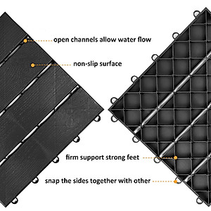 Hugeleaf 6 Pack Deck Tiles 12.2” x 12.2” Plastic Outdoor Flooring, Interlocking Deck Tiles Outdoor Waterproof All Weather Patio Tiles for Balcony, Porch, Poolside (Black)