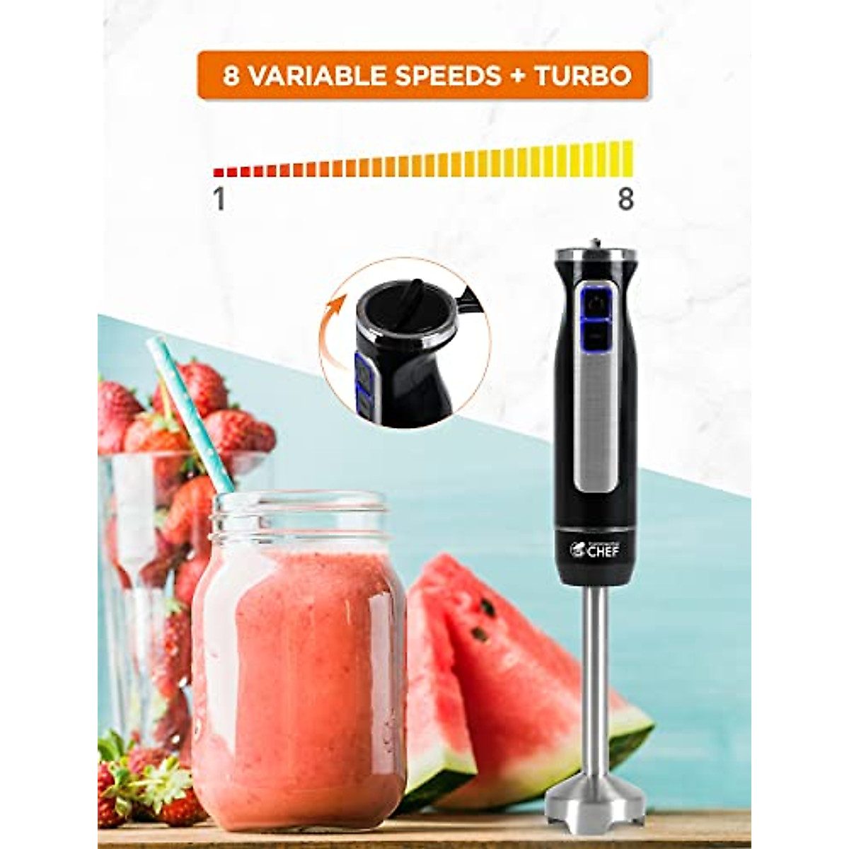 COMMERCIAL CHEF Immersion Blender, Multi-Purpose Immersion Hand Blender with Stainless Steel Blade, Handheld Mixer with 8 Variable Speed Options