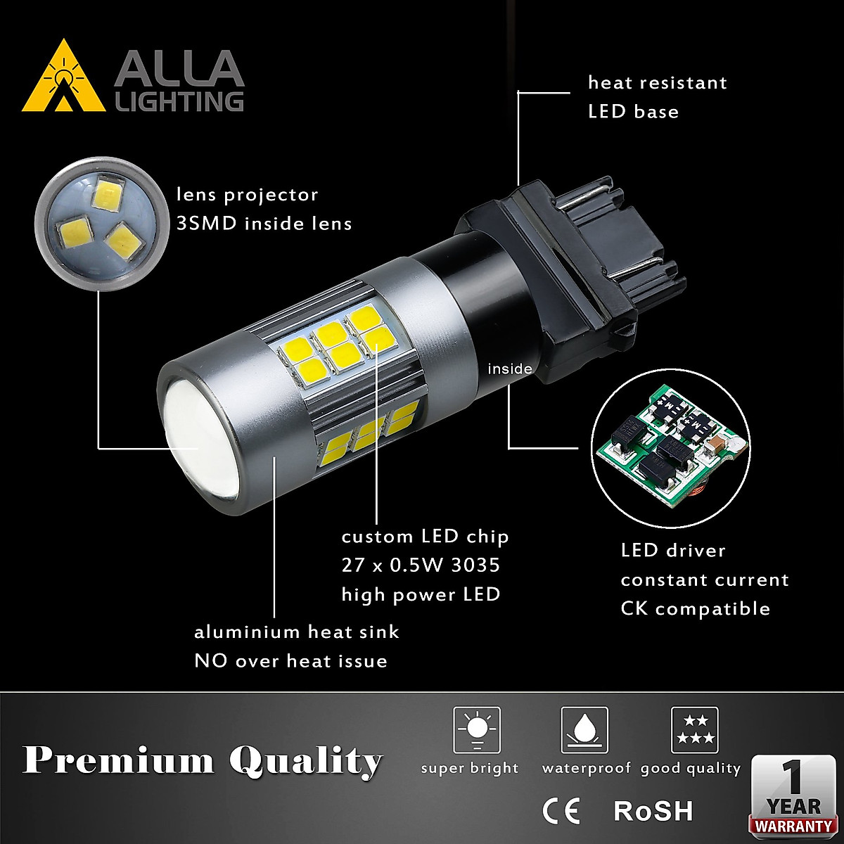 Alla Lighting Super Bright 2000lms T25 3156 3157 LED Bulbs, 6000K White Back-up Reverse Lights, DRL, Turn Signal, Brake Tail Lights Replacement, 3035 27-SMD 3056 3156K 3157K 3057 3047 4114 3457 3456