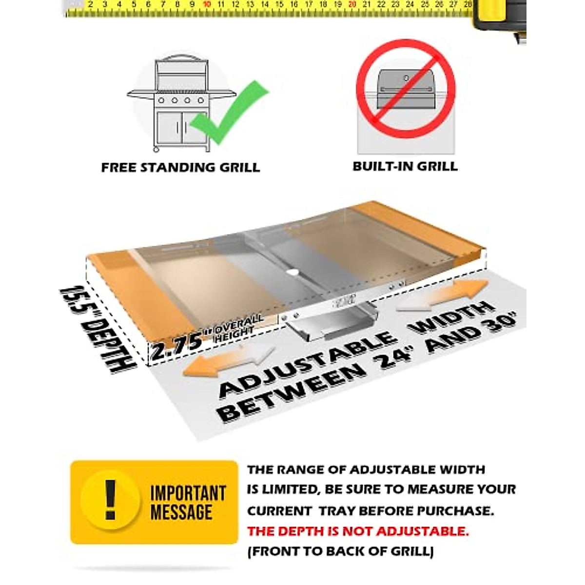 Grease Tray with Catch Pan - Universal Drip Pan for 4/5 Burner Gas Grill Models from Dyna Glo, Nexgrill, Expert Grill, Kenmore, BHG and More - Stainless Steel Grill Replacement Parts(24"-30")