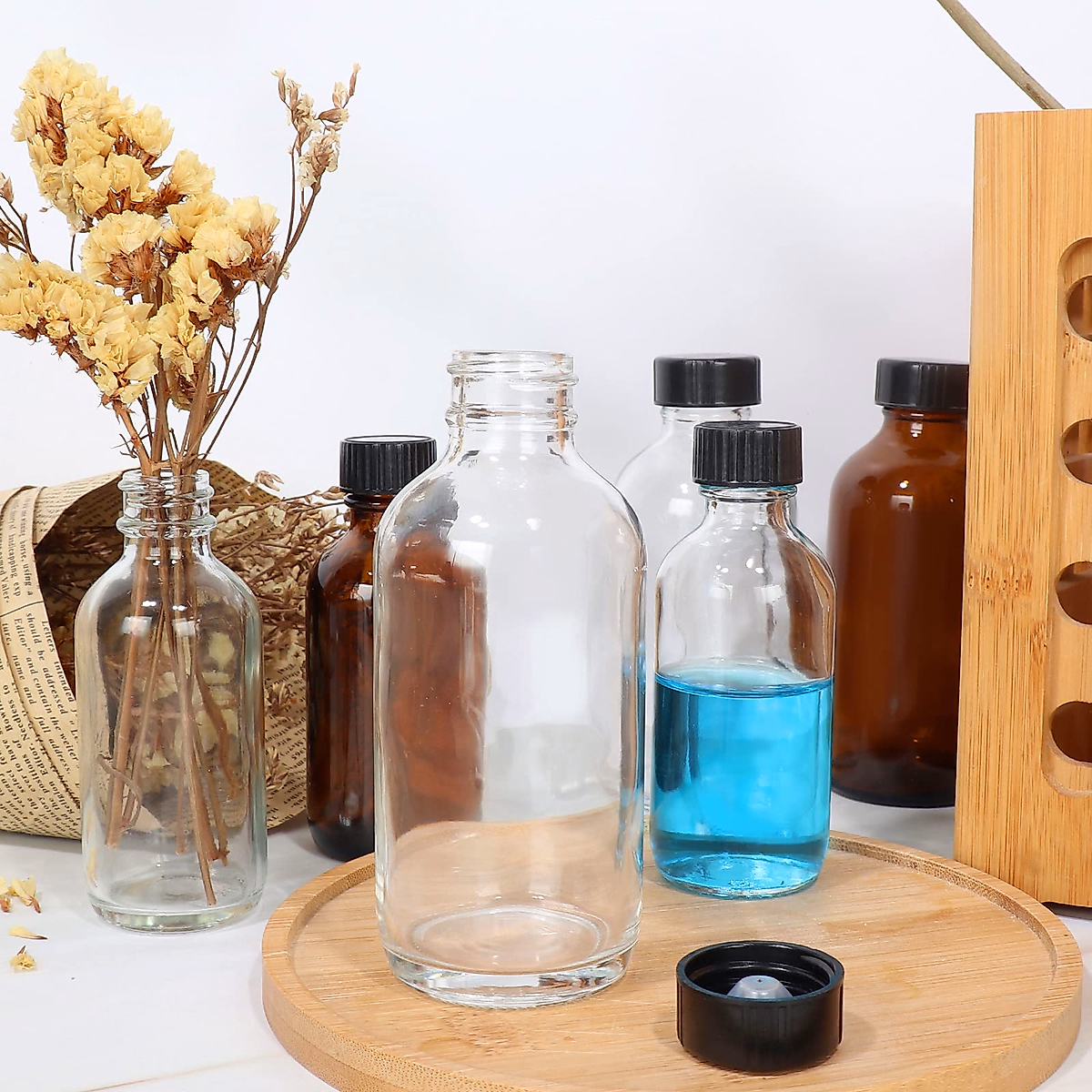 15 Pack Glass Amber Boston Bottles with Black Poly Cone Cap, 4 oz Round Glass Bottle for Essential Oil, Perfume and Liquid, Contains 24 Colored Labels, 2 Funnels, 1 Brush