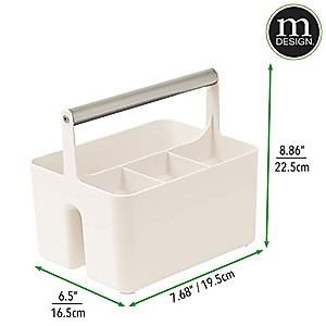 mDesign Plastic Shower Caddy Storage Organizer Utility Tote, Divided Basket Bin - Metal Handle for Bathroom, Dorm, Kitchen, Holds Soap, Shampoo, Conditioner - Aura Collection - Cream/Beige/Satin