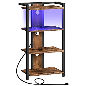 HOOBRO 4-Tier AV Media Stand, Media Console with Charging Station and LED Light Strip, Entertainment Device Stand, Game Console, Record Player, Media Accessories, Rustic Brown and Black BF38UDCJ01
