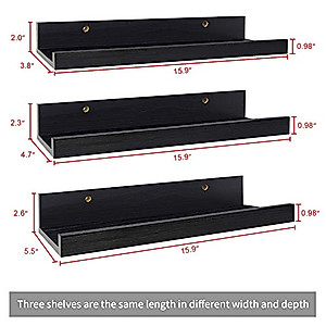 16 Inch Black Floating Shelves Set of 3, Picture Ledge Wall Mount Shelf for Bedroom, Living Room, Office, Kitchen