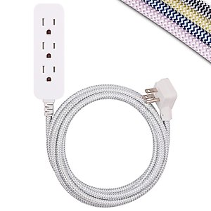 Cordinate 3 Outlet Power Strip Surge Protector Indoor Outdoor Extension Cord 16 Gauge 10 Ft 3 Prong Braided Extension Cords Flat Extension Cord Heavy Duty UL-Listed Gray/White 37914