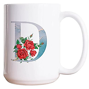 Monogram Letter D Coffee Mug Watercolor Blue Letter Rose Flower Funny Coffee Mugs Alphabet Letters Drinking Cups Drinking Cups with Handle Retirement Gifts For Mom Dad Grandma Grandpa Women Men 15oz