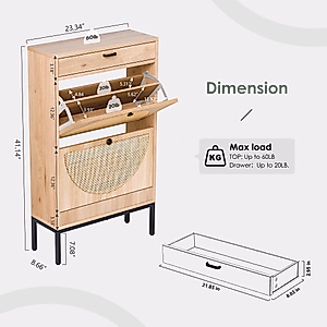 Yechen Shoe Rack Storage Organizer with 2 Natural Semi-Circular Rattan Doors, Entryway Wooden Shoe Cabinet for Sneakers, Leather Shoes, High Heels, Slippers (2 Piece, Oak)