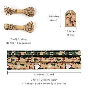 RUSPEPA Christmas Wrapping Paper Rolls with Tags and Jute String - 17 inches x 10 feet per Roll, Total of 3 Rolls