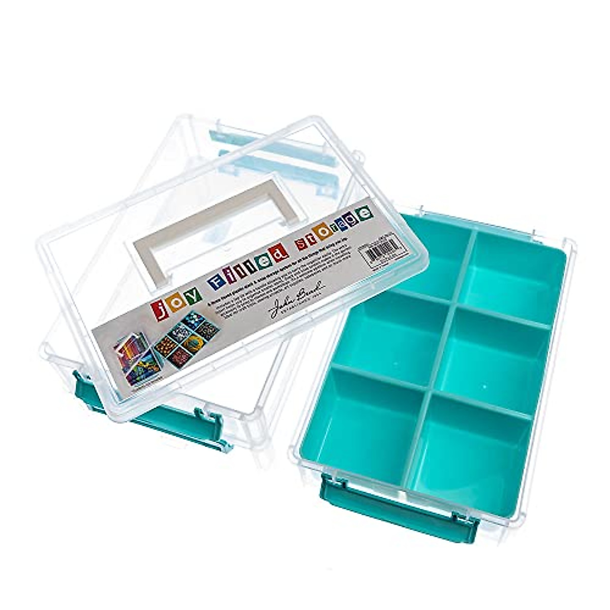 Joy Filled Storage - 3 Clear Stackable Containers with Handle and 6 Compartment Insert (10x7x2.5in) - with Turquoise Detail for Craft, Ideal for Food Storage and Organizing Containers