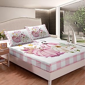 Pink Fall Bed Sheet Set Pumpkin Fitted Sheet for Kids Boys Girls Teens Room Decorations Autumn Harvest Bedding Set Full Size Buffalo Check Grid Bed Cover Deep Pocket 3Pcs
