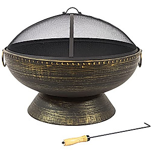 Sunnydaze 30-Inch Fire Pit Bowl with Spark Screen, Fireplace Poker, and Metal Grate - Black High-Temperature Paint Finish