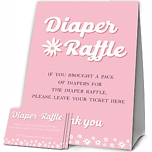 Baby Shower Games, 1 Diaper Raffle Standing Sign with 50 Diaper Raffle Tickets, Retro Bohemian Hippie Vibes Floral Daisy Theme Gender Reveal Party Decorations and Supplies For Boys or Girls(LBLK-A08)