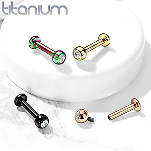 Amelia Fashion Solid G23 Implant Grade Titanium Internally Threaded Labret Studs With Jeweled Ball Set (Choose Color) (Rose Gold, 16GA, L. 8mm, Ball: 3mm)