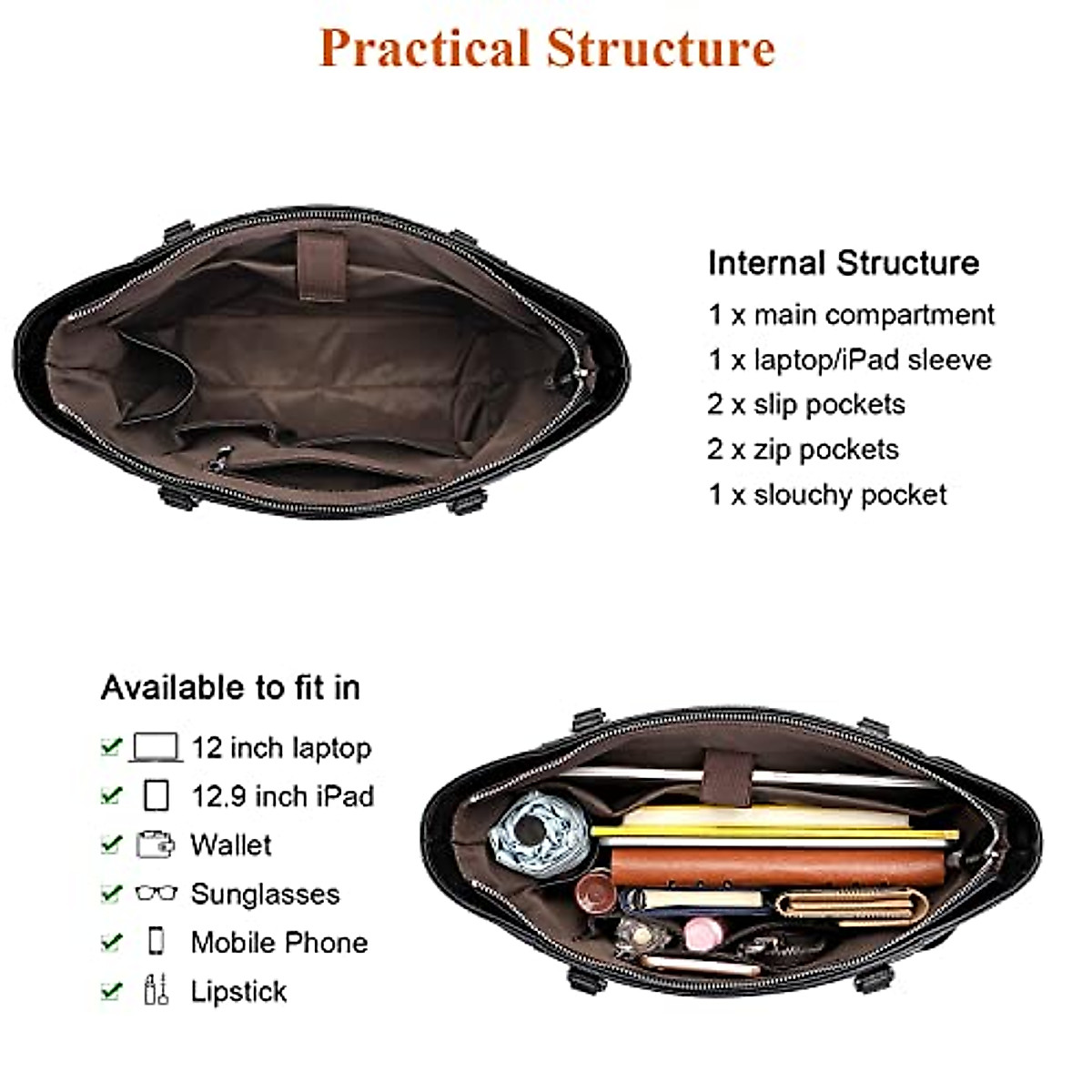 Over Earth Women Leather Handbags Genuine Leather Tote Shoulder Bag with Multi Pockets(O105E UG Black)