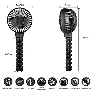 AGWIM Baby Fan for Stroller, Battery Operated Handheld Fan, Rechargeable Desk Fan with 3 Speeds & Led Light & Aromatherapy, Flexible Tripod Clip On Fan for Car Seat Crib Bike Treadmill (Black)