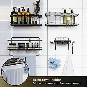Yuthsona 4-Pack Shower Caddy, Adhesive Shower Shelves for Bathroom Organizer, Stainless Steel Shower Storage Basket with Removable Towel Rack & Hooks, Wall Mounted Shelve Soap Dish Holder for Bathroom