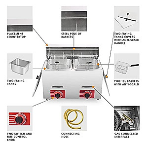 Commercial LPG Gas Deep Fryer with 10L*2 Basket and Lid Stainless Steel Countertop Propane-LPG GF-72 Propane (LPG) W/Metal Tube Home Kitchen