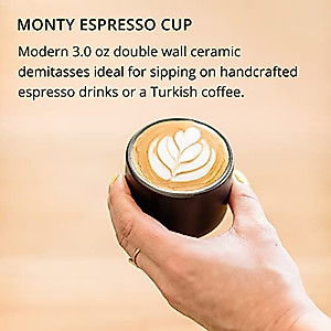 Fellow Monty Milk Art Espresso Cups - Small Double Wall Ceramic Demitasse, Matte Black with Graphite Base, 3 oz Cup (Set of 2)