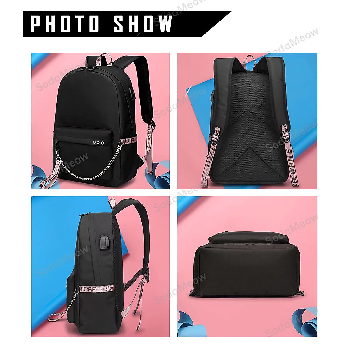 Genshin Impact Backpack Bag Xiao Klee Raiden Shogun Rucksack Keqing with USB Charging Port, Free Keychain (24)