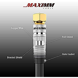 Coaxial Cable 2 ft Triple Shield - RG6 Coax Cable, TV Cable for Digital TV Aerial, Satellite Cable - Cable Cord Cable Wire- with Gold Plated F Connectors - Black, 2 Feet, 2 Pack