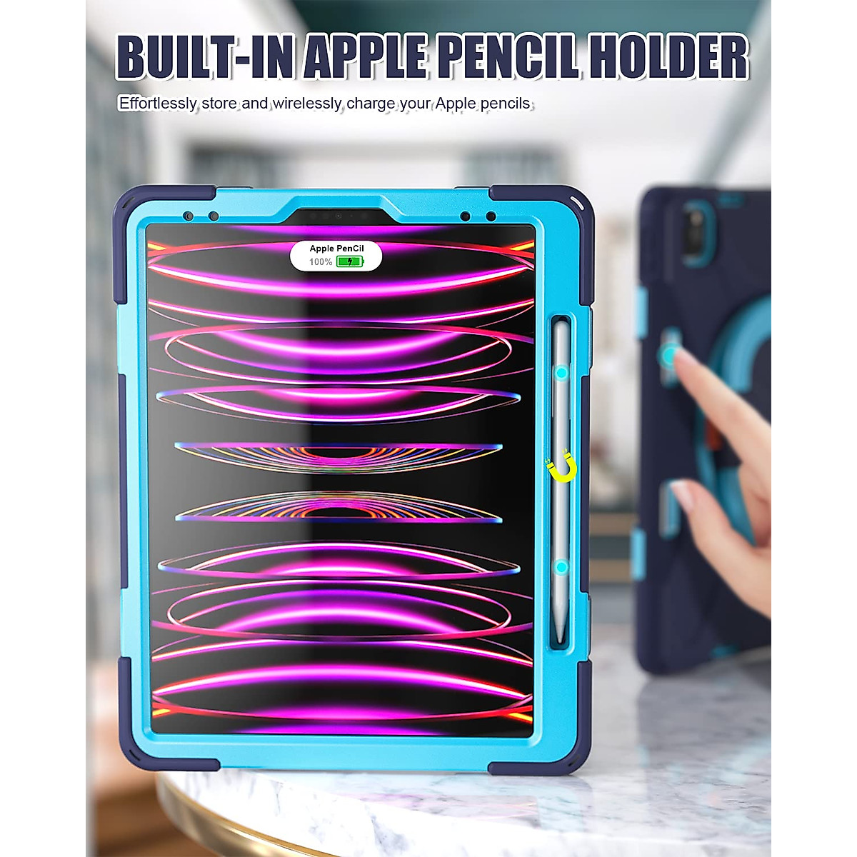 BRAECN for iPad Air 13 Inch Case M2 (2024), iPad Pro 12.9 (2022/2021, 6th/5th/4th/3rd Gen), Heavy Duty Shockproof Cover with Pencil Holder, Rotating Handle Grip, Stable Kickstand, Shoulder Strap, Navy