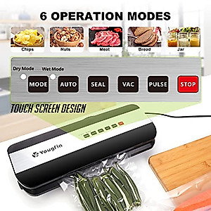 Yougfin Vacuum Sealer Machine, Dry & Moist Food Sealer with 6-in-1 Easy Operations for Food Storage and Sous Vide, Automatic Sealer Machine with 10 Sealer Bags, Touch Screen Design