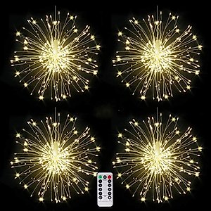 4 Pack Firework Lights 120 LED Copper Wire Starburst Lights, 8 Modes Dimmable String LED Lights with Remote Control,Waterproof Hanging Fairy Lights for Party,Home,Christmas,Garden Outdoor Decoration