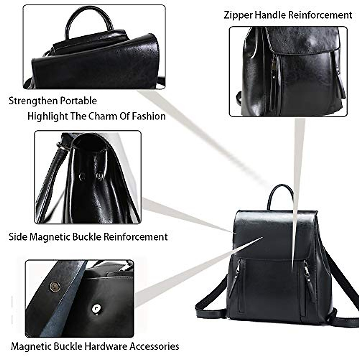 FL FantasyLinen Women Backpack Purse Fashion Genuine Leather Backpack Waterproof Rucksack Anti-theft Casual Travel Bag Zipper Purse (Black)