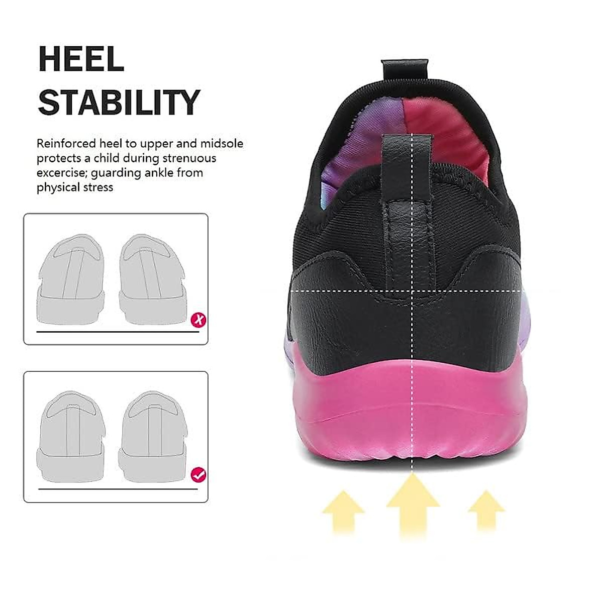 GEERX CARA Girls Slip On Athletic Sneaker Lightweight Sport Walking Running Tennis Shoe (Toddler/Little Kid/Big Kid) Black Rainbow Size 2