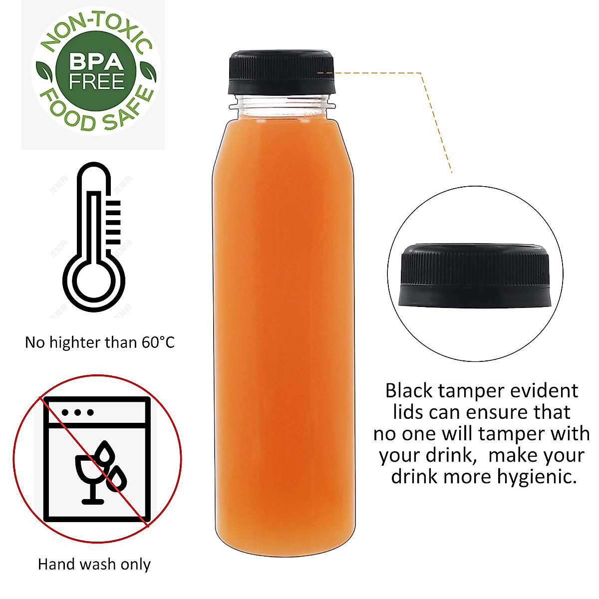 BPFY 30 Pack 12 oz Empty Plastic Juice Bottles with Caps Reusable Clear Beverage Containers with Black Tamper Evident Lids, Brush, Funnel for Juice, Milk, Water, Coffee