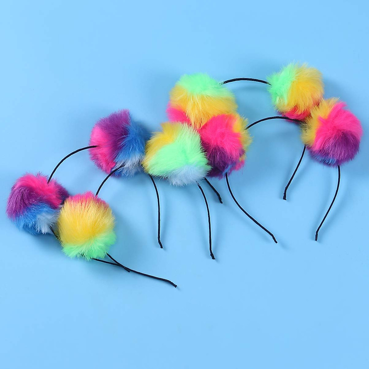 Lurrose 4pcs Colorful Plush Pom Pom Headbands Rainbow Headbands Fluffy Ball Hair Loops Hair Accessories for Christmas Birthday Party