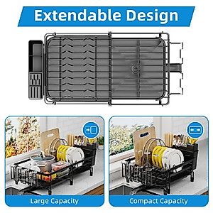 HAYOLPORS Dish Drying Rack - Expandable Dish Rack for Kitchen Counter with Drainboard, Rustproof Large Dish Drainer with Utensil Holder Cup Rack for Kitchen Sink, Black