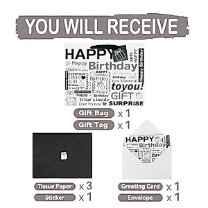 13" Large White Gift Bag Set with Greeting Card and Tissue Papers (‘Happy Birthday' Text) for Men's or Women's Birthday Parties, Boys', Girls', or Kids' Parties, Baby Showers, Baby Boys or Girls -