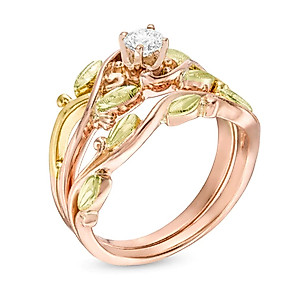 10k Rose and Yellow Gold, Foliage Diamond Engagement and Wedding Ring Set, 12k Green Black Hills Gold Size 9