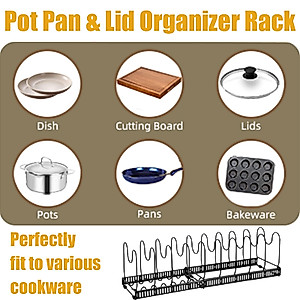 Expandable Pots and Pans Organizer Rack for Cabinet【Updated】10 Dividers, Adjustable Pot Pan Lid Holder, Multi-Functional Frying Pan Drying Rack, Cutting Board Holder Rack(Black)