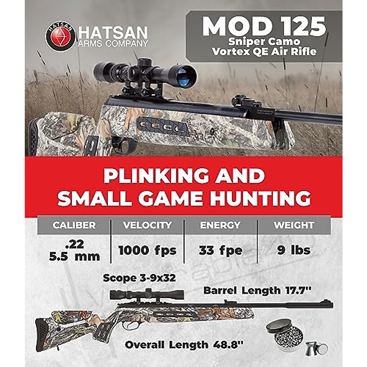 Hatsan Mod 125 Sniper Camo .22 Cal 1250 FPS / 33 FPE - Vortex Piston Break Barrel Air Rifle 22 Caliber + 3-9×40 Scope, Adjustable Cheek Piece & QuietEnergy QE air Gun + Wearable4U 250x Pellets Bundle