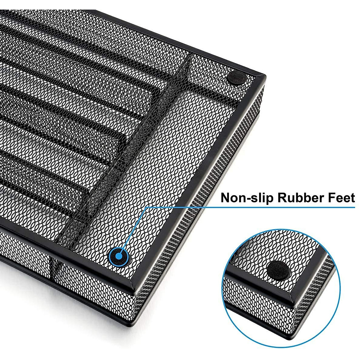 Ipanda Cutlery Tray, Cutlery Organizer, Non-Silp 5 Compartments Utensil Drawer Storage, Kitchen/Office, Steel Mesh Silverware Drawer/Holder/Divider (Black)