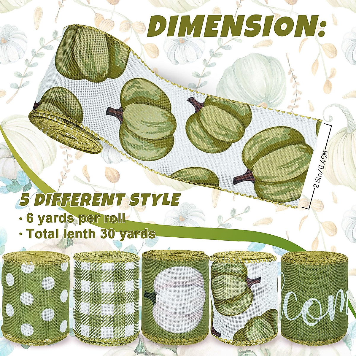 Whaline Fall Green Pumpkin Wired Edge Ribbon 30 Yards Farmhouse Rustic Autumn Thanksgiving Harvest Fabric Ribbon Welcome Plaids Polka Dots Craft Ribbon for Wreath Floral Bow DIY Crafts, 5 Roll
