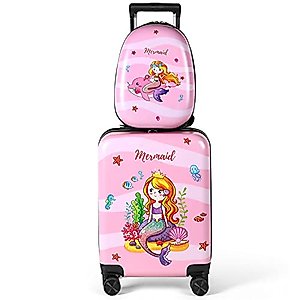 Kids Luggage and Backpack 18" Suitcase with Spinner Wheel Hard Case Travel Suitcase 13" Backpack Girl Suitcase Set for Kid Travel Suitcase Supplies (Pink, Mermaid Style)
