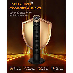 Space Heater, 34" Space Heater for Large Room with Remote, 1500W Tower Heater with 12H Timer, 70° Oscillating, Adjustable Thermostat, Overheating & Tip-over Protection, Indoor Use, Black