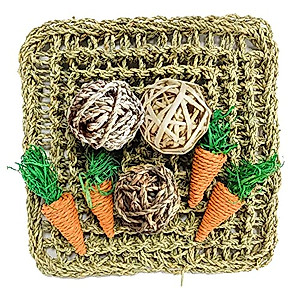Hamiledyi Rabbit Seagrass Mat Activity Mat Bunny Chew Toy Small Animal Activity Play Ball Carrot Toy for Hamster Guinea Pigs Gerbils