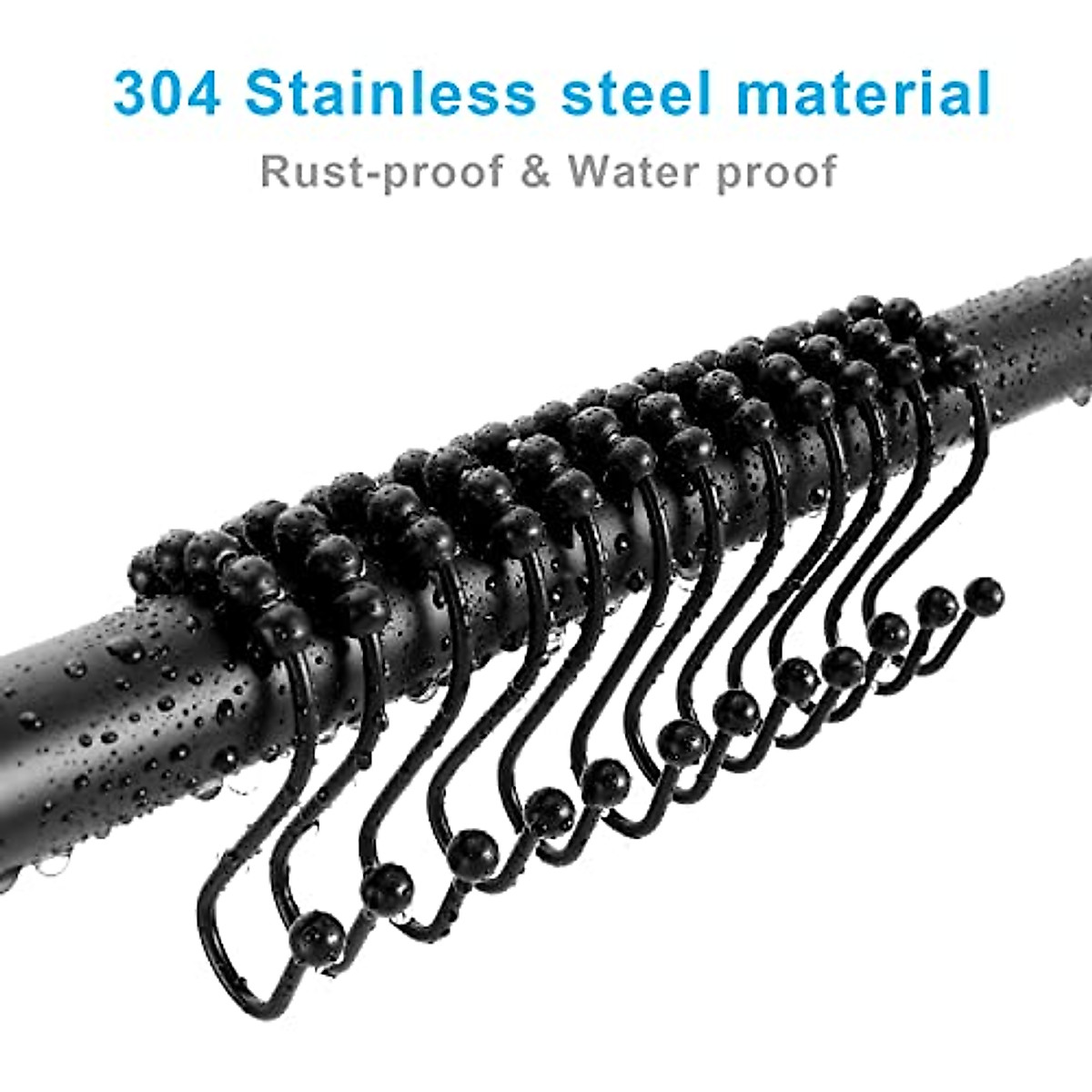 TENOVEL Shower Curtain Hooks, Metal S Shaped Shower Rings Rust Proof for Bathroom Shower Rods Curtains, Durable Stainless Steel Bathroom Shower Curtain Hanger, Matte Black, Set of 12