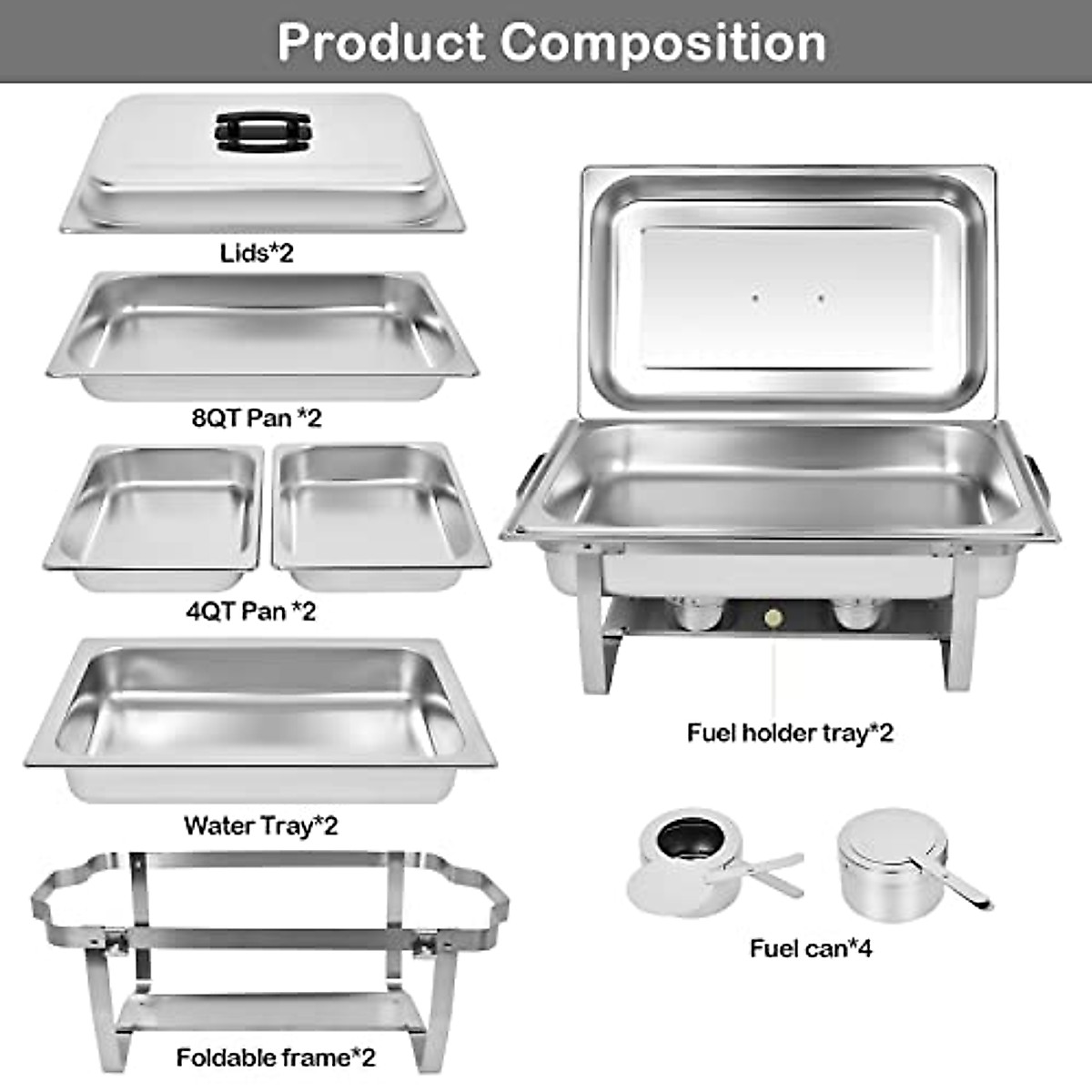 ORNKAT Food Warmers For Parties [2 Pack] 8QT Stainless Steel Chafing Dish Buffet Set,Party Wedding Event Warming Trays For Food With 1*Full Tray+2*Half Trays